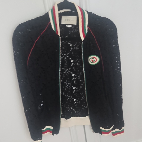 Gucci | Jackets & Coats | Gucci Black Lace Jacket With Logo Patch ...